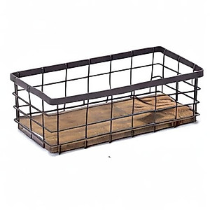 TIEYIPIN Small Metal Wire Storage Basket, Detachable Wood Base Storage Organizer Bin Basket for Kitchen Cabinets, Bathroom, Pantry, Garage, Laundry Room - Brown