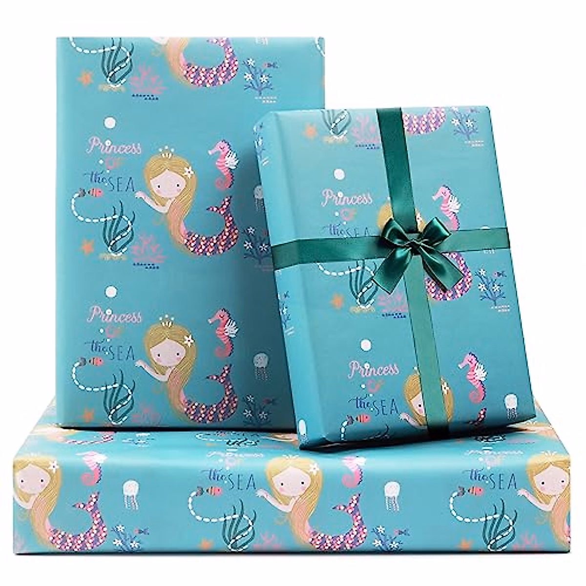 Mermaid Wrapping Papers, Princess of the Sea Little Mermaid design 6 Sheets Folded Flat 20x28 inches per Sheet with Emerald Green Ribbon, Gift Tag and Greeting Card for Birthday Party Baby Shower