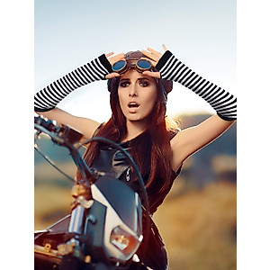 Bememo 4 Pairs Punk Gothic Long Fingerless Gloves Knitted Arm Warmer Elbow Length Gloves Thumb Hole Gloves (Dark Grey, Light Grey, Striped Color)