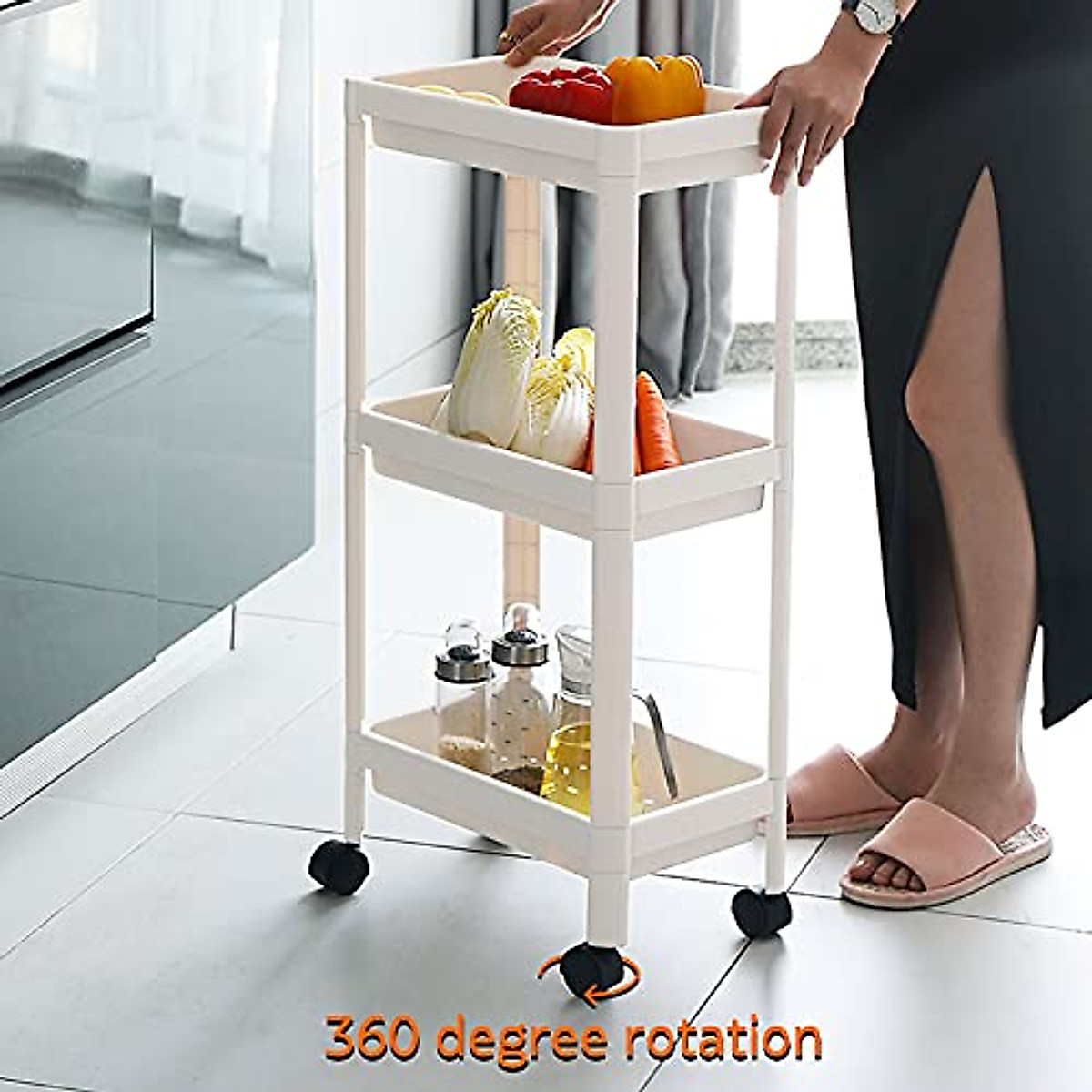 4 Tier Storage Trolley -Utility Cart and Hooks Standing Shelves for Kitchen Bathroom Living Room Bedroom Laundry Room