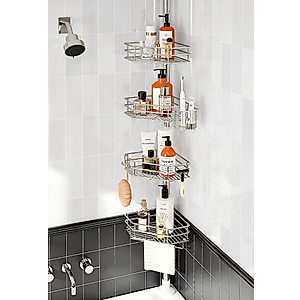 SEIRIONE Corner Shower Caddy Tension Pole, Adjustable Shower Organizer Corner with 4 Shelves, No Drilling Shower Shelf for Inside Shower, Shower Rack for Shower Storage,39.2 to 113 Inch Height, Silver