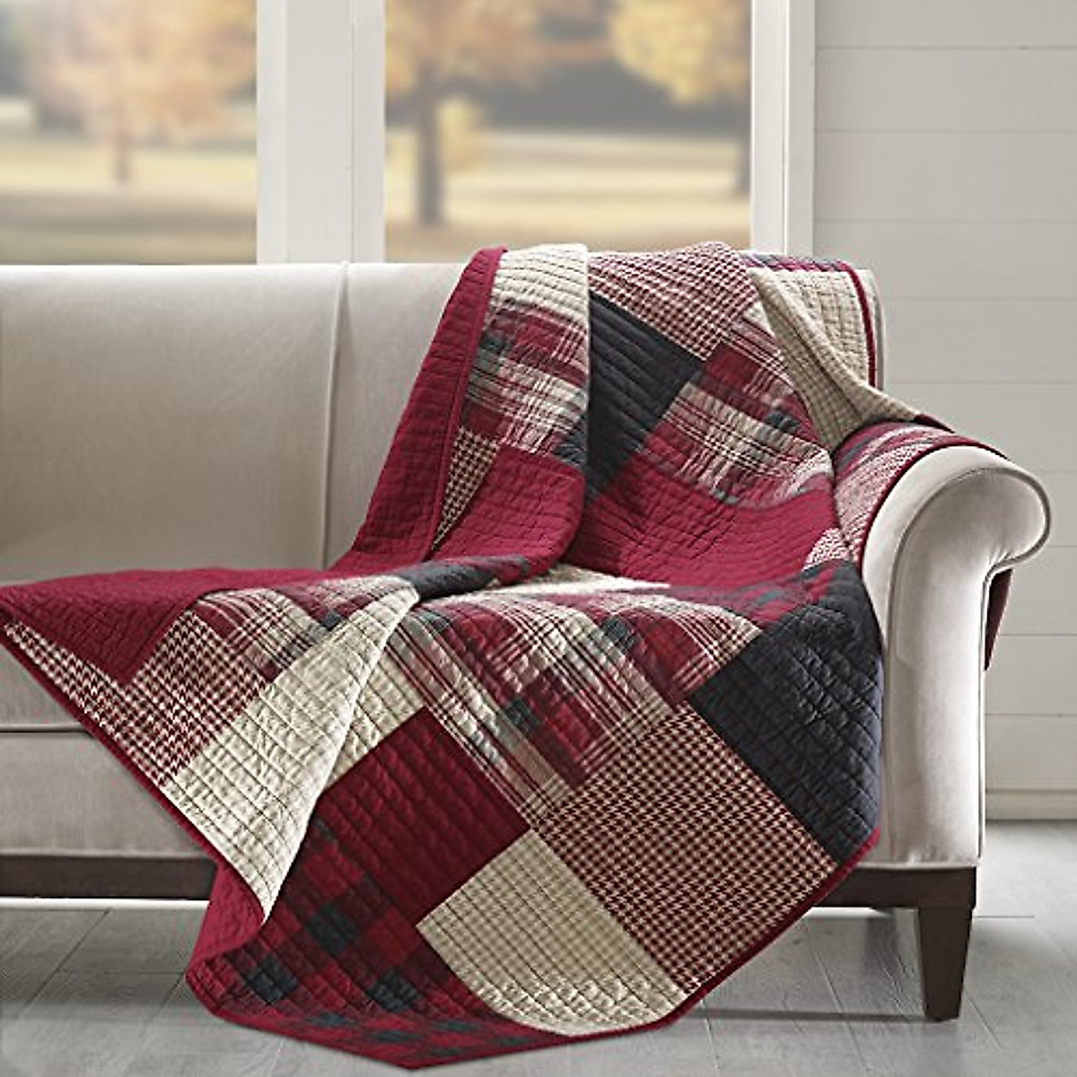 Woolrich Luxury Quilted Throw - Cabin Lifestyle, Patchwork with Moose Design All Season, Lightweight and Breathable Cozy Bedding Layer Throws for Couch Sofa, 50" W x 70" L, Sunset Red