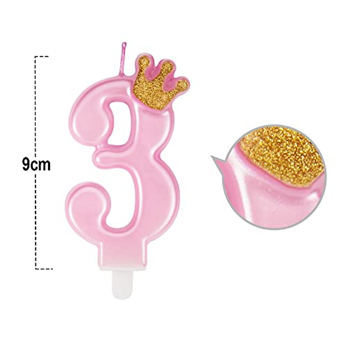 UVTQSSP 3.54 Inches 3th Birthday Candles Pink Number 3 Candles with Golden Glitter Crown Cake Topper Decoration for Party Wedding Celebration Reunions Anniversary Party Supplies Kids Adults