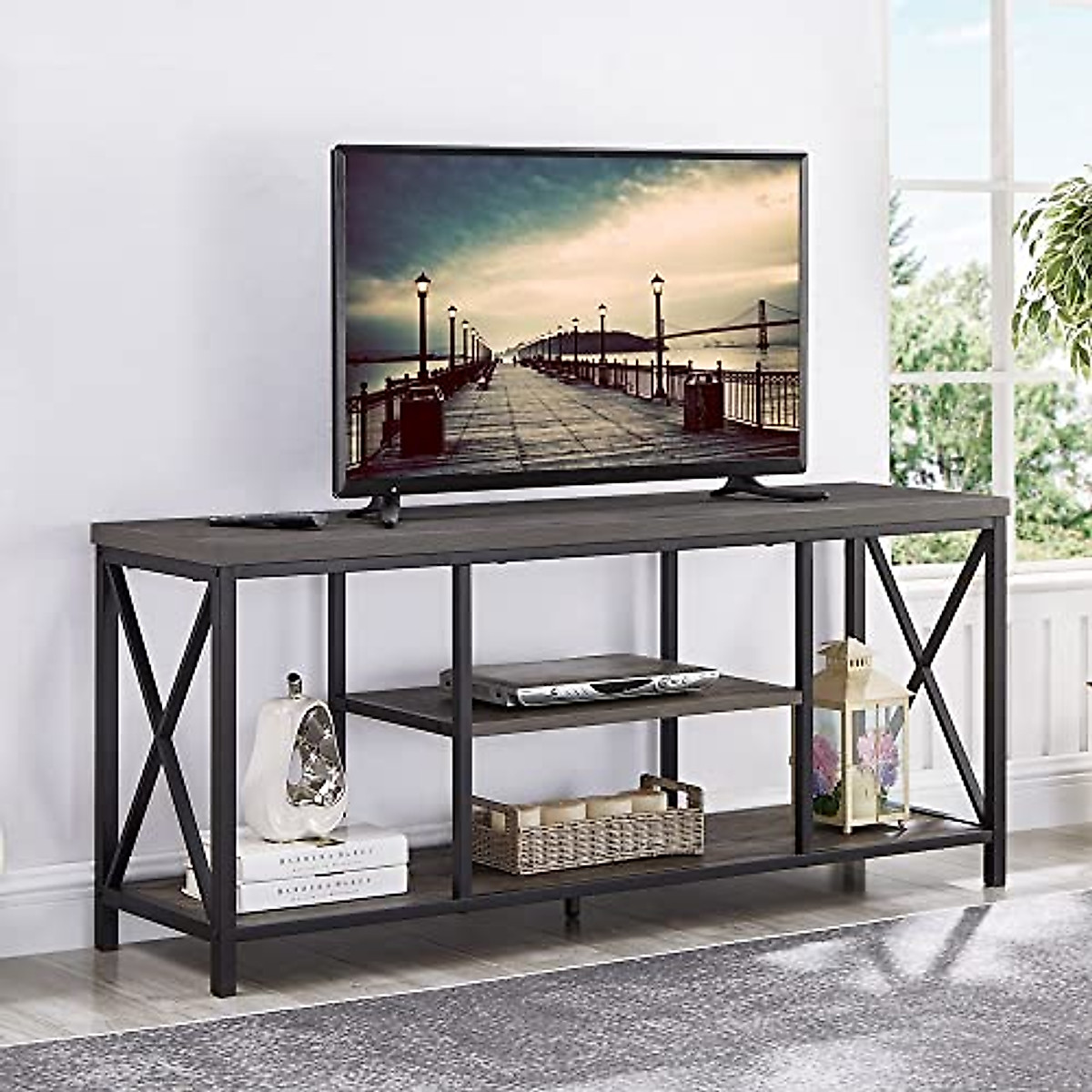 EXCEFUR 55 inch TV Stand for TV up to 65 inch, Rustic Wood and Metal Media TV Console Table for Living Room, Grey