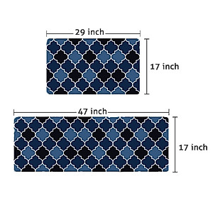 moonysweet Anti Fatigue Kitchen Rug Mat Non Skid Cushioned Navy Blue Black Waterproof Non Slip PVC Leather Runner Standing Mat Trellis Quatrefoil 17" x 29" +17" x 47" Set of 2 (2 Pieces)