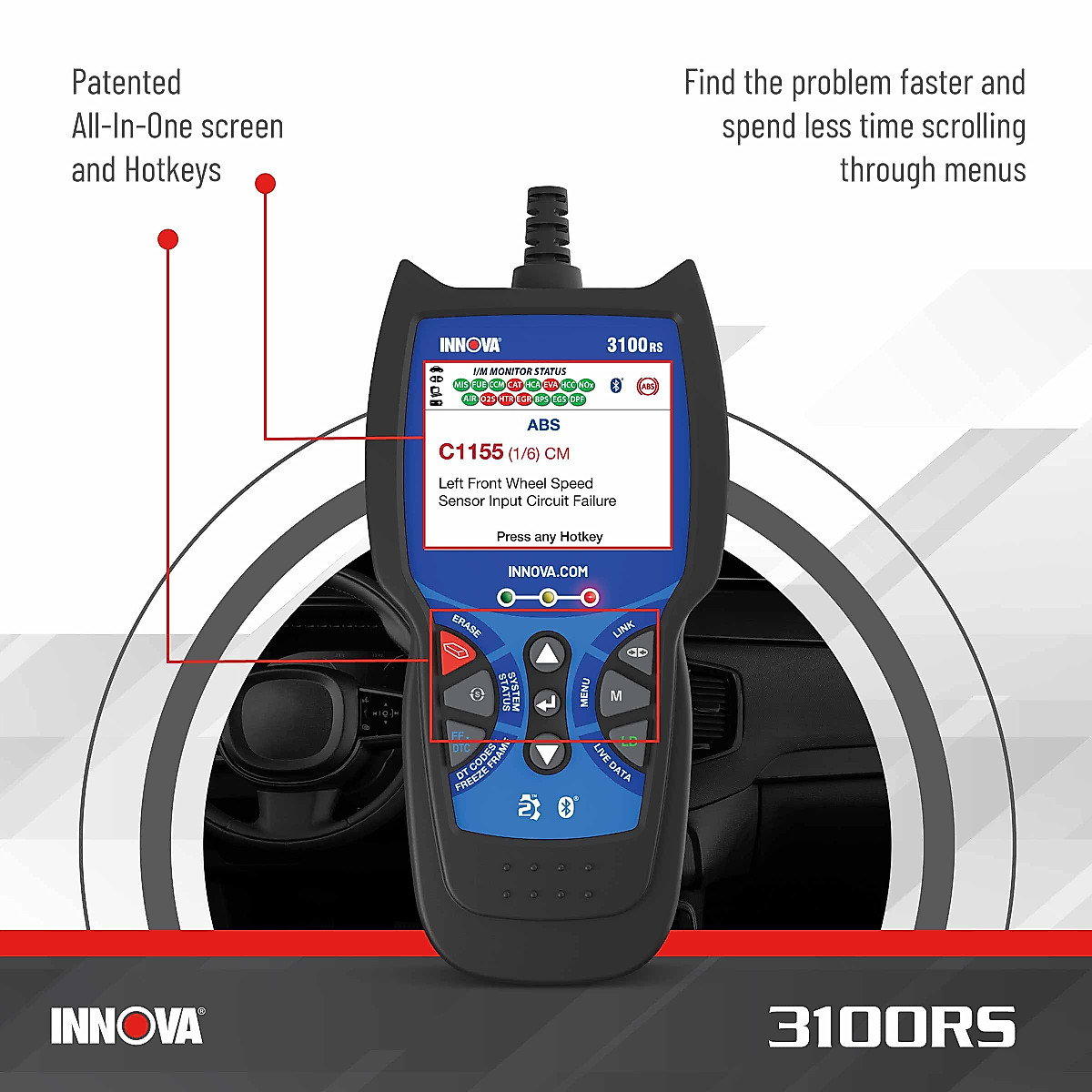 INNOVA 3100RS, OBD2 Scanner, ABS SRS Airbag Scan Tool with Airbag Light & Oil Light Reset, Stream Graph & Record Live Data, Get Suggested Repair & Parts on iPhone or Android