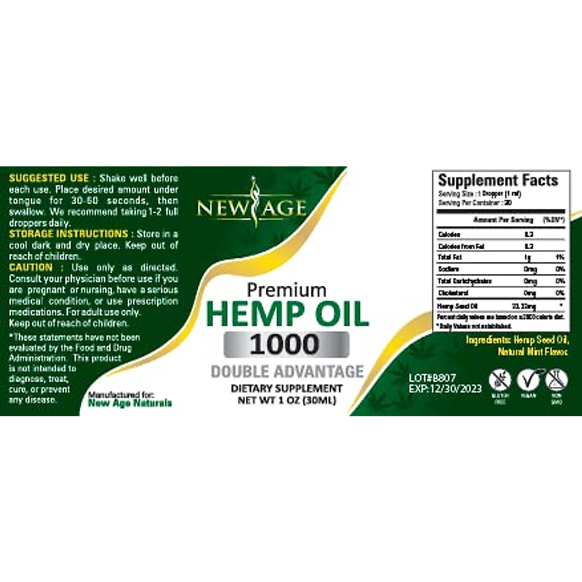 Hemp Oil - 4 Pack - All Natural of Hemp Drops - Grown & Made in USA - Natural Hemp Drops by NewAge (1000 (Pack of 4))