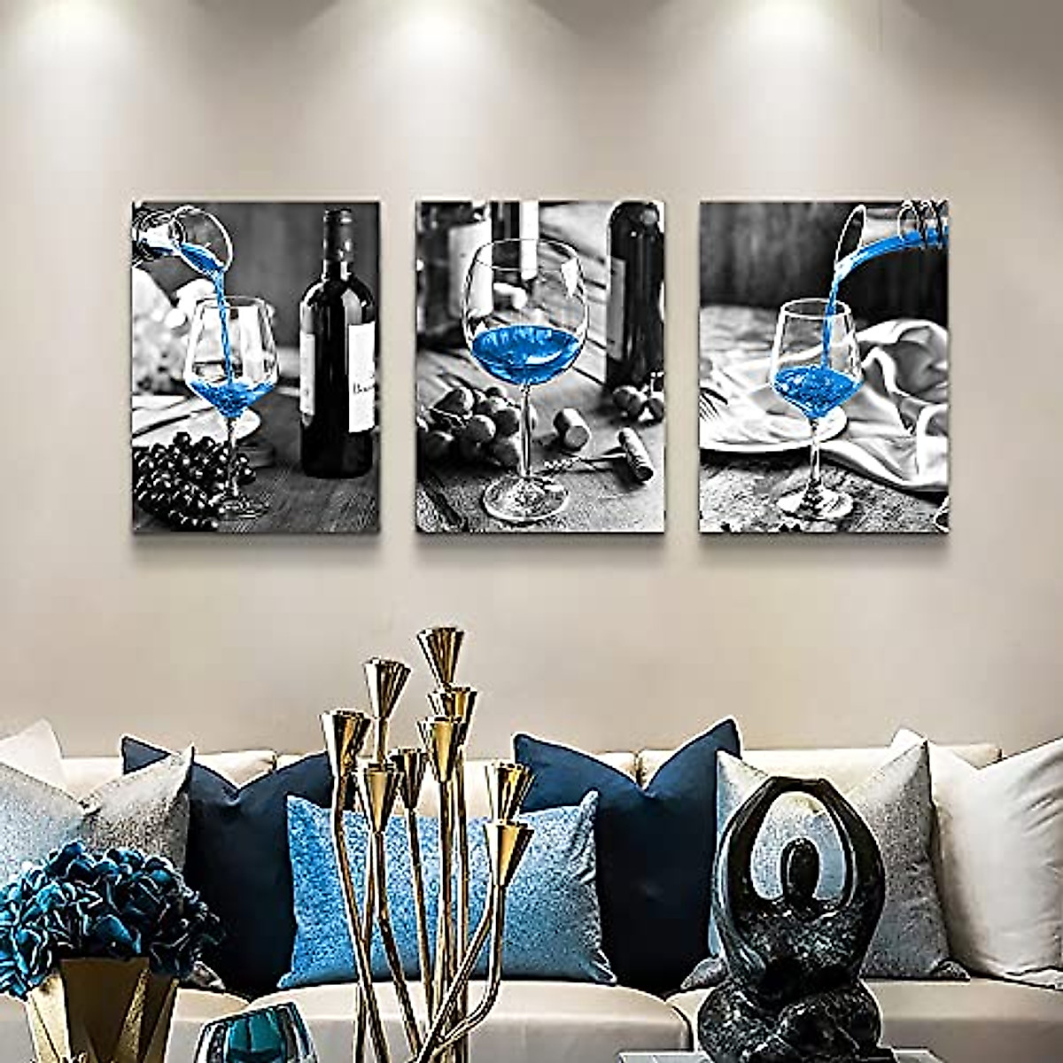 Canvas Wall Art For Kitchen Wall Decor For Dining Room Black And White Wine Glasses Painting Modern Blue Wine Canvas Art Prints Ready To Hang Pictures For Restaurant Home Decorations 12"X16" 3 Pieces