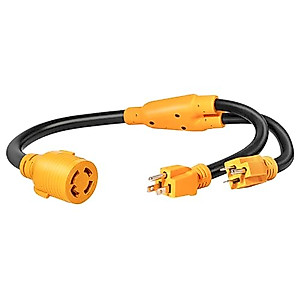 MECMO 2X 5-15P Male Plug to L14-30R 4-Prong Generator Twist Lock Female Receptacle Y Adapter Cord, 3Ft Generator Distribution Cord, 10 AWG STW 4 Prong Twisit Locking Generator Outlet 30Amp 125V / 250V