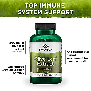 Swanson Olive Leaf Extract Capsules with 20% Oleuropein - Provides Immune Support, Promotes Cardiovascular System Health, and Supports Healthy Blood Pressure - (120 Capsules, 500mg Each)