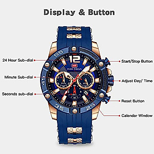 Mini Focus Men Watches Unique Casual Wrist Watches (Chronograph/Waterproof/Luminous/Calendar/24 Hours) Silicon Band Fashion Watches for Men (Blue-Golden)