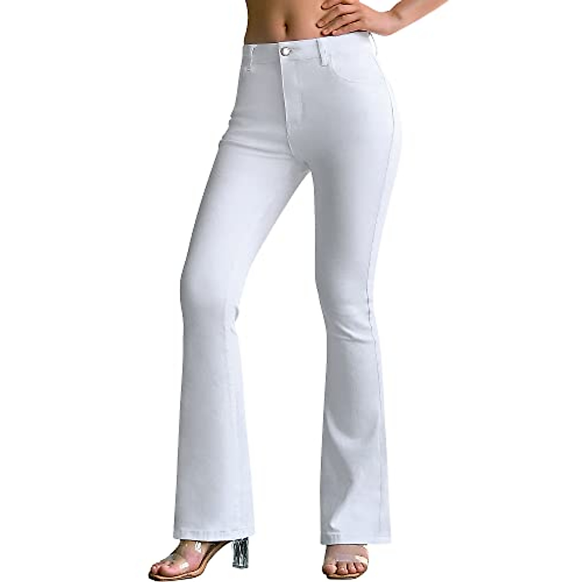 roswear Womens Mid Waist Bell Bottom Stretchy Flare Jeans Pants White X-Large