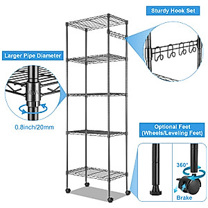 Devo Shelving Unit, Heavy Duty Shelving, Storage Shelves with Wheels, Metal Storage Rack for Laundry Bathroom Kitchen Garage Pantry Organization (24" * 14" * 71", Black)