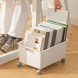 BORDSTRACT Storage Basket with Wheels, Portable Movable Roller Basket, Large Capacity PP Organizer Box, for Books, Clothes, Shoes, and More(gray)