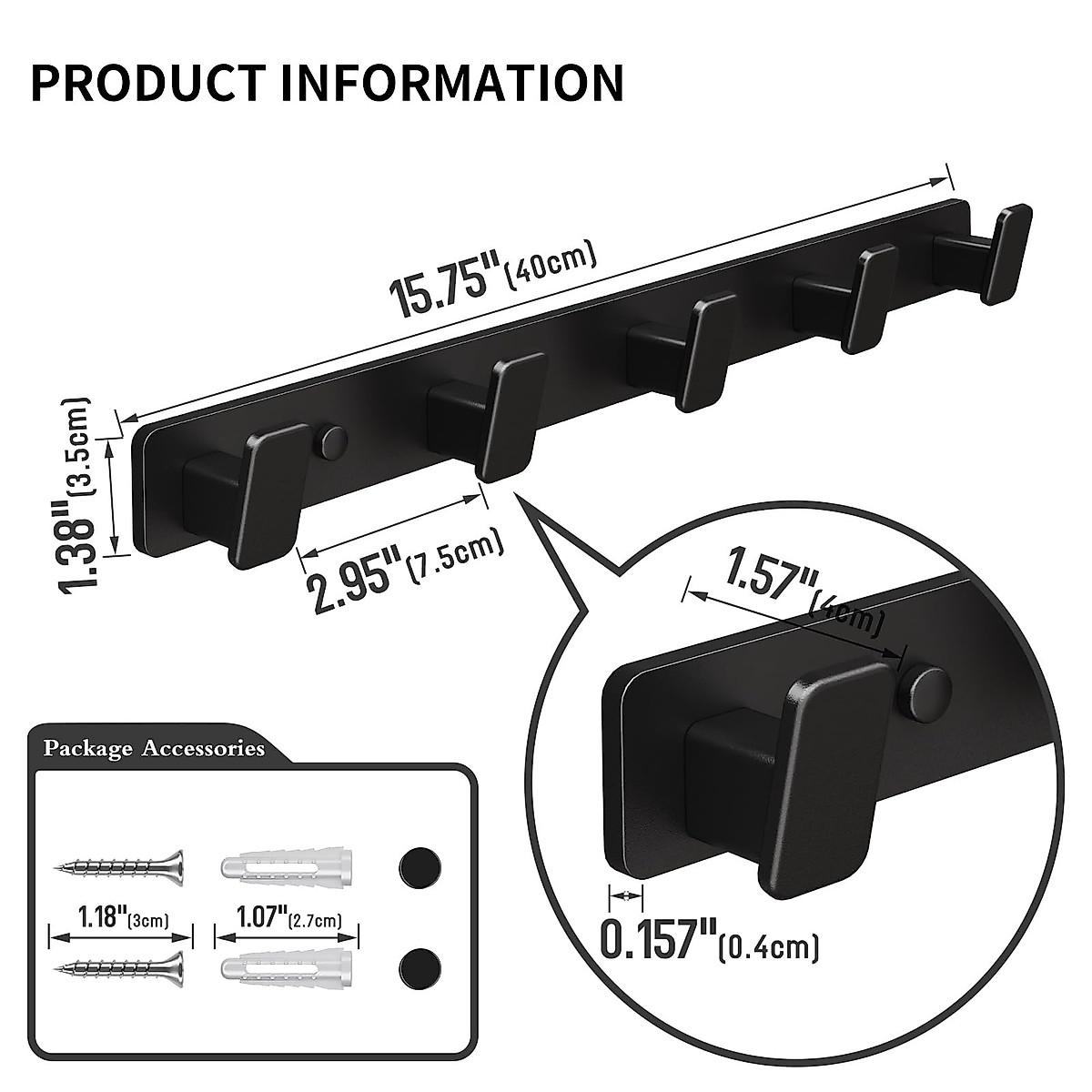 Coat Hook Wall Rack Hanger - Black Coat Rack with 5 Hooks Wall Hooks for Hanging Hat Key Bag Towel Wall Mount Coat Rack