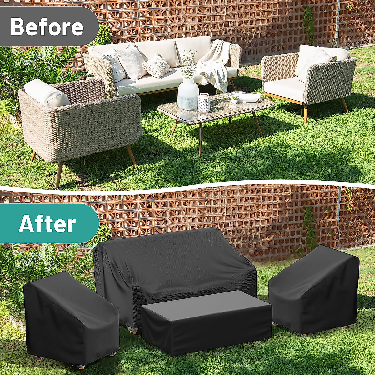 Mrrihand Patio Furniture Covers, 4 Piece Outdoor Furniture Cover Waterproof includ Ourdoor Sofa Cover, 2 Chair Covers, Coffee Table Cover with Windproof Buckle Strap and Adjustable Drawstring