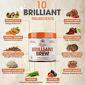 Genius Brilliant Brew, Coffee Alternative- Nootropic Adaptogen Mushroom Coffee Substitute, Natural Energy with No Jitters & Crash - 0 Sugar, No Preservatives or Artificial Flavors, Non-GMO & Soy-Free