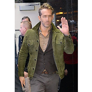 LP-FACON Mens Red Notice Ryan Reynlds Green Trucker Suede Leather Jacket For Nolan Booth