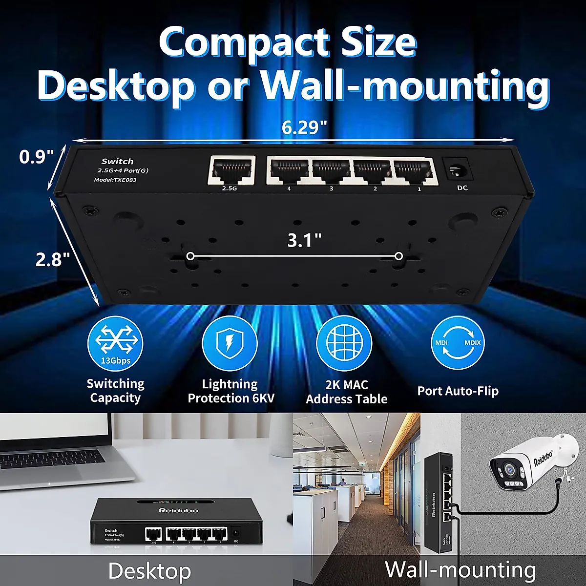 Reidubo 2.5G Uplink Ethernet Splitter, 2.5Gb Uplink Port & 4×1000Mbps Ethernet Port, Home Multi-Gigabit Network Hub Switch, Unmanaged Plug & Play, Metal Case, Desktop/Wall-Mount