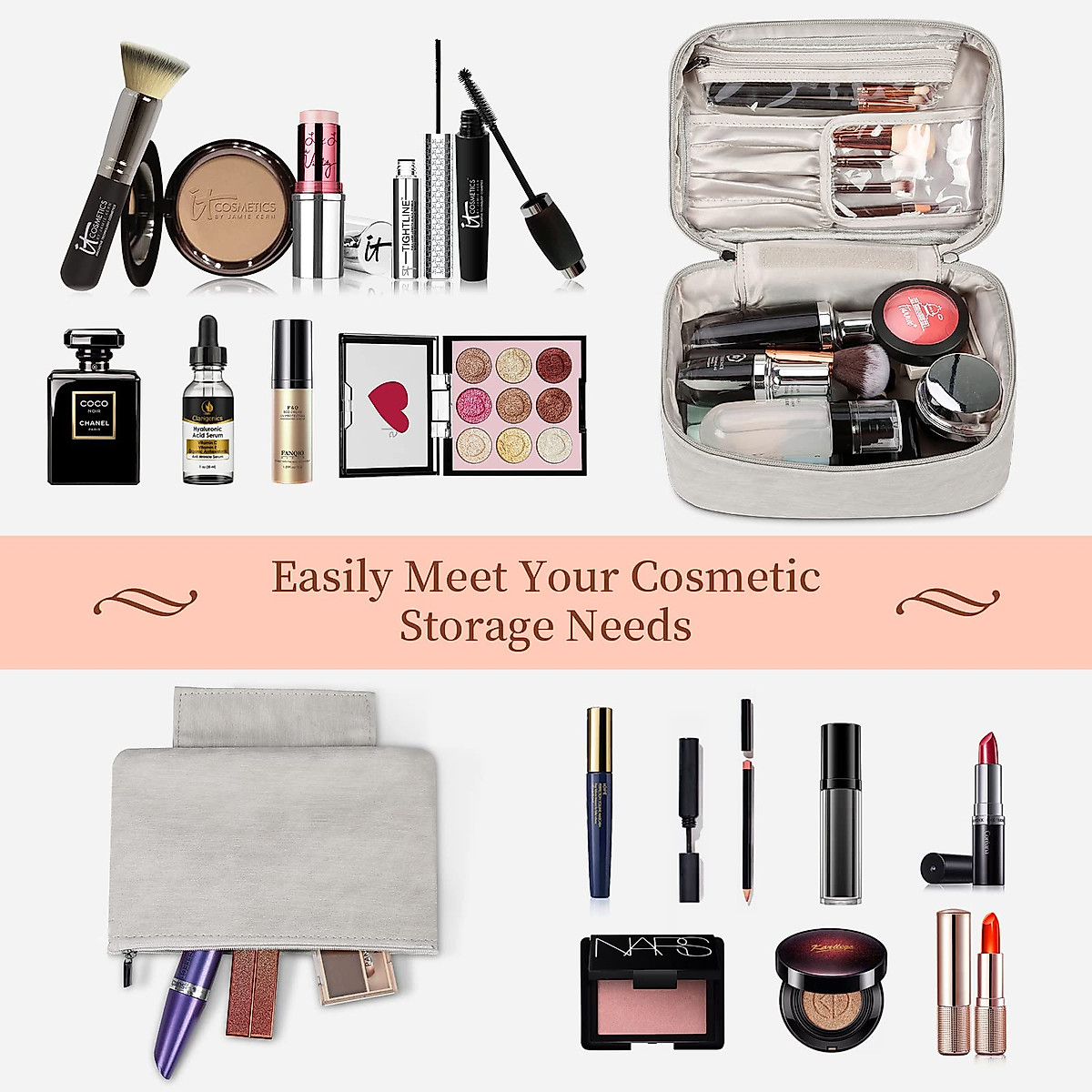 KTMOUW Makeup Bag Waterproof Cosmetic Bag Leather Makeup Travel Bag Portable Makeup Brush Bag Multifunctional Makeup Organizer Bag for Women Girls, 2-Pack, Grey