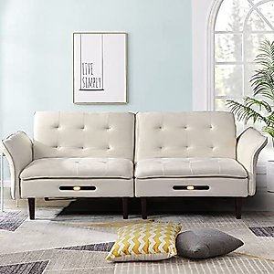 MIYZEAL Convertible Sleeper Sofa with Charging Ports, Velvet Tufted Upholstered Futon Sofa Bed with Adjustable Backrest & Armrest, Modern Loveseat Couch for Living Room Apartment Office (Beige)