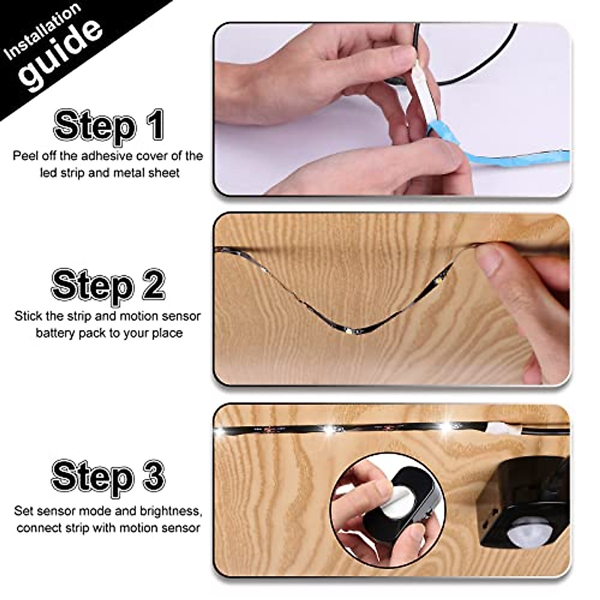 Megulla 3.5m/11.5ft Motion Sensor Gun Safe Lights, Gen3 Rechargeable Battery Motion Activated Black LED Strip with Timer and Dimmer for Dark Corners, Closets, Under Cabinets -Daylight White, 5000K