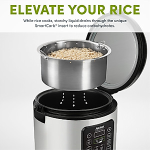 Aroma Housewares ARC-1120SBL SmartCarb Cool-Touch Stainless Steel Rice Multicooker Food Steamer, Slow Cooker with Non-Stick Inner Pot and Steam Tray, 20-Cup(cooked)/ 5Qt, Black