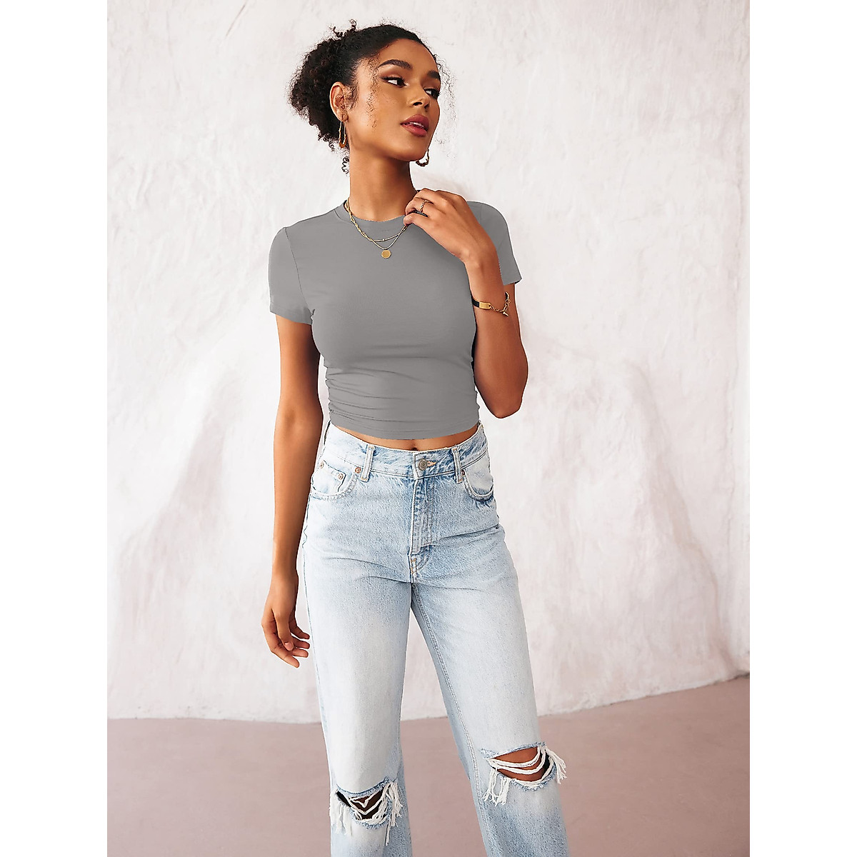 TECREW Women Cute Short Sleeve Round Neck Stretchy Athletic Gym T Shirts Crop Tops Tees, Grey, Medium