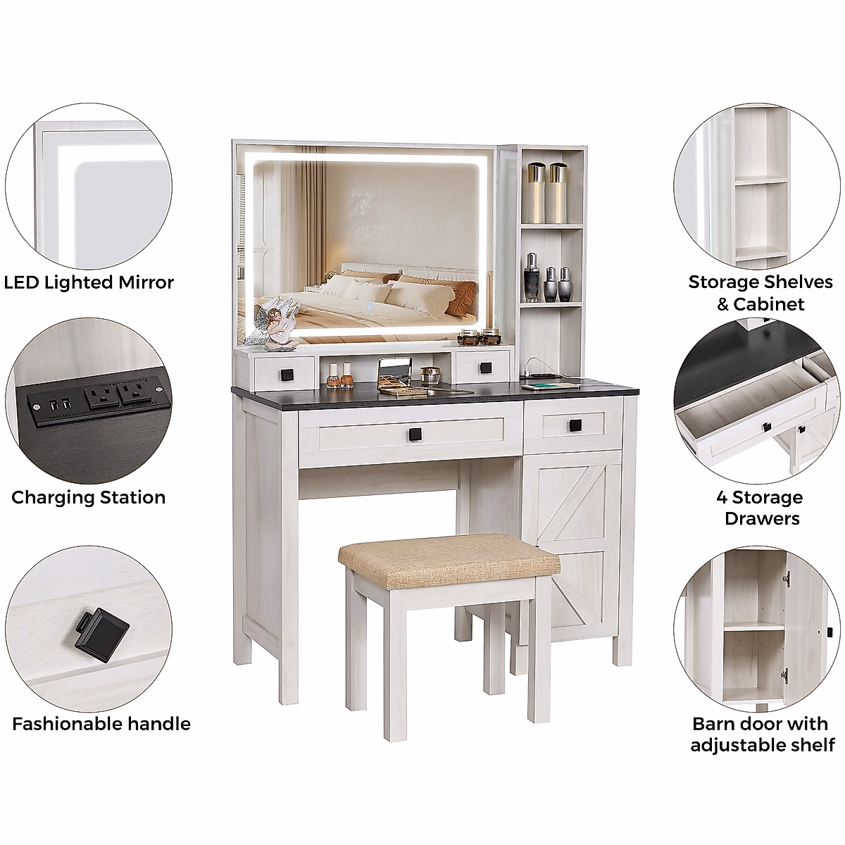 ANWBROAD Makeup Vanity Desk with Mirror and Lights Farmhouse Vanity Desk with Charging Station 3 Color Dimming Lights Storage Cabinet Cushioned Stool Vanity Table Set for Bedroom Antique White UBDT61W
