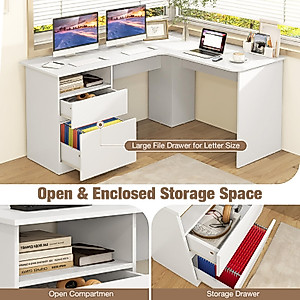 Tangkula L-Shaped Desk with 2 Storage Drawers, 59” Corner Computer Desk with File Drawer & Open Shelf, Computer Workstation with 2 Cable Management Holes, Space-Saving Executive Office Desk (White)