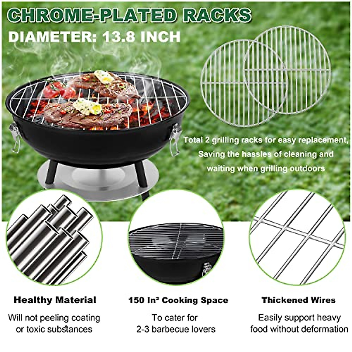 Joyfair Charcoal Grill with 2 Grilling Racks, 14in Small Portable BBQ Grill with Lid for Outdoor Camping/Patio/Backyard Barbecue/Tabletop Cooking, Enamel Coated & Dual Vent System, Black