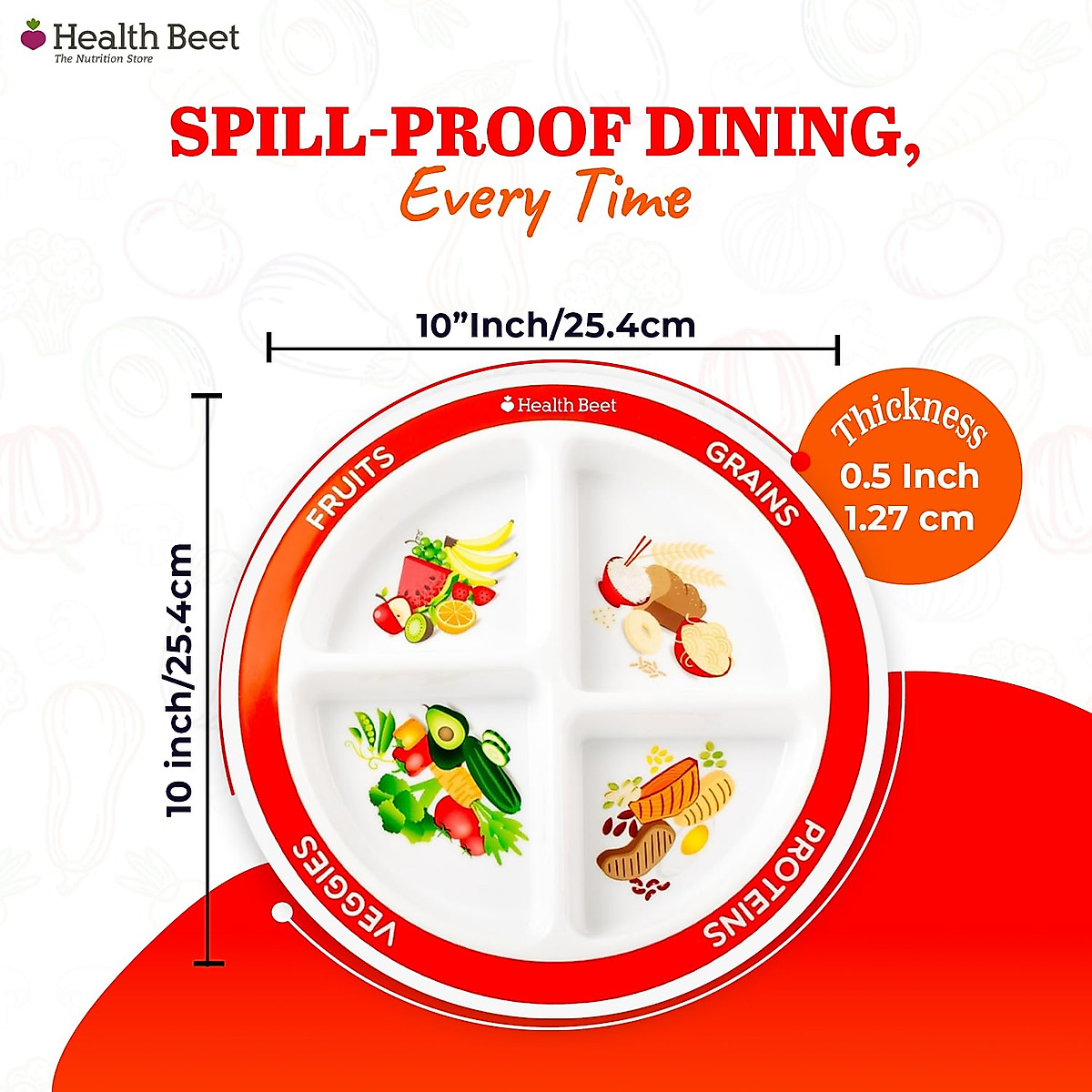 Health Beet MyPlate Portion Control Plate – 4 Divided Sections for Fruit Grains Veggies Proteins - Dishwasher & Microwave Safe Sectioned Plates for Health Education (1-Pack)