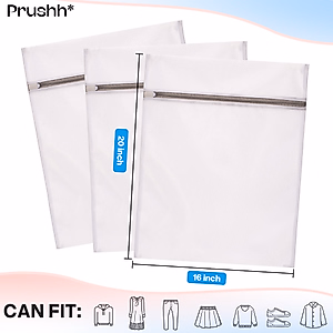 Prushh 3Pc Spacious Durable Mesh Laundry Bags (16x20 Inches) Protects Delicates, Fine Mesh for Uniform Wash & Dry, Auto-Lock Zipper, Washer-Friendly, For Home, Dorm or Storage, Fits Socks to Sweaters