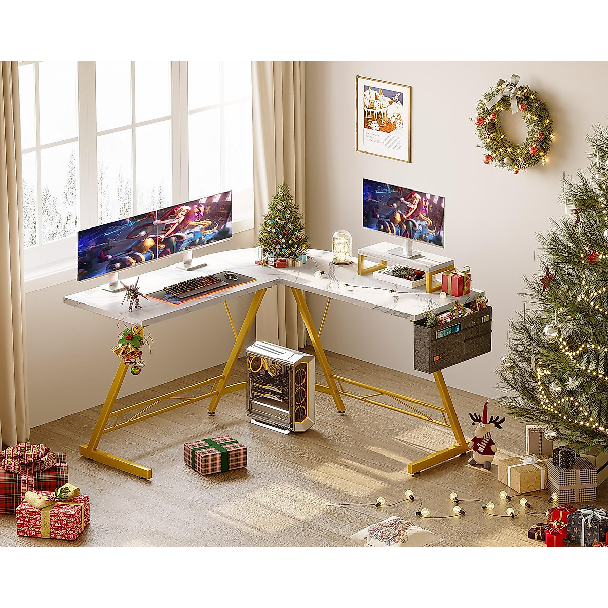 Casaottima L Shaped Gaming Desk, Home Office Desk with Round Corner, Computer Desk with Large Monitor Stand Desk Workstation