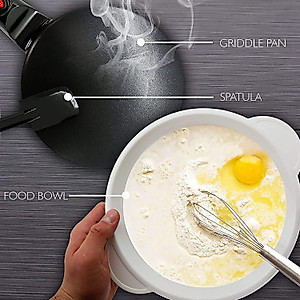 Electric Crepe Maker - Cooks Roti, Tortillas & Pancakes - Nonstick Cooktop - 8-inch Cook Area w/On/Off Switch, Automatic Temperature Control & Cool Touch Handle - Includes Food Bowl, Whisk & Spatula