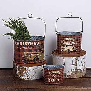 Primitives by Kathy Rustic Christmas 3-Piece Tin Bucket Set, Set of 3, Plaid