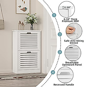 TENNTOU 2 Flip Drawers Shoe Storage Cabinet, Free Standing Shoe Rack, White Wood Slim Shoe Organizer Cabinet for Entryway, Hallway, Bedroom