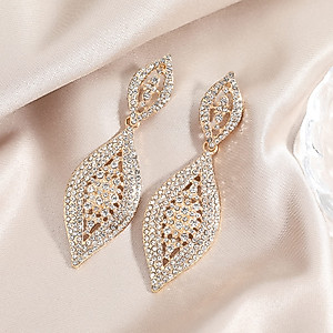 VANGETIMI Fashion Champagne Rhinestone Crystal Wedding Earrings for Women Bridal Bridesmaid Long Leaf Chandelier Teardrop Dangle Earrings Jewelry