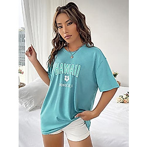 SOLY HUX Women's Oversized T Shirts Letter Print Casual Summer Tops Graphic Tees for Women Blue XL