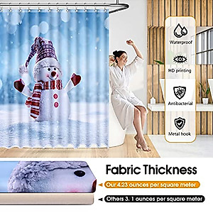Christmas Shower Curtain Sets with Non-Slip Rugs and Toilet Lid Cover,Xmas Winter Snowman Bath for Bathroom 4 Piece Set with 12 Metal Hooks, Waterproof Bathroom Fabric ,72x72 inch