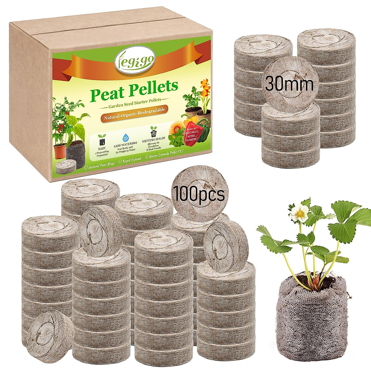 Legigo 100 Pcs 30mm Seed Starter Peat Pellets Pods for Seedlings- Compressed Seed Starting Pellets Seed Starter Pods Plugs Soil Peat Pods for Starting Seeds, Garden Planting Herb Flower Vegetables