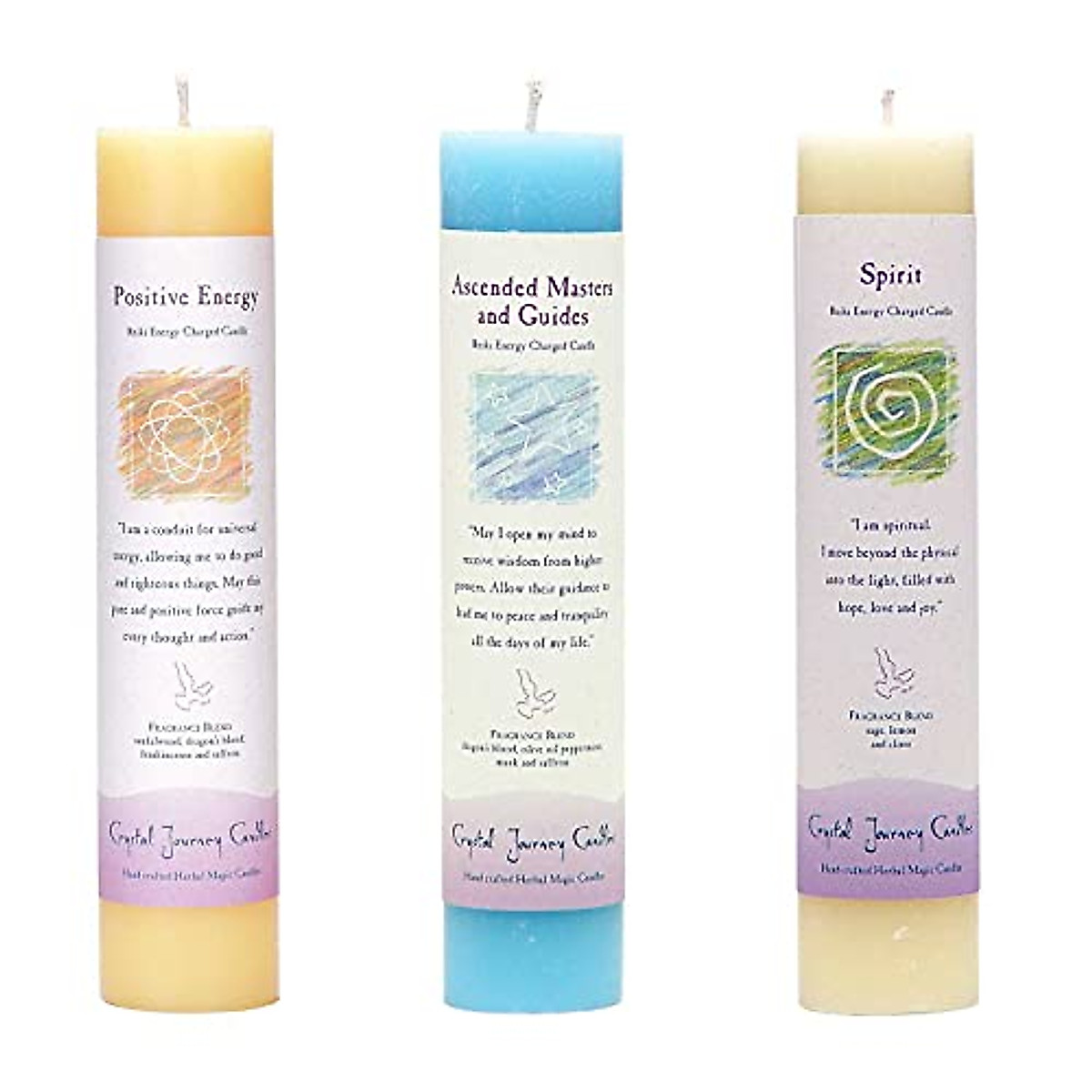 Crystal Journey Reiki Charged Herbal Pillar Candle Bundle (Positive Energy, Ascended Masters and Guides, Spirit) Each 7"x1.5" Handcrafted with Lead-Free Materials