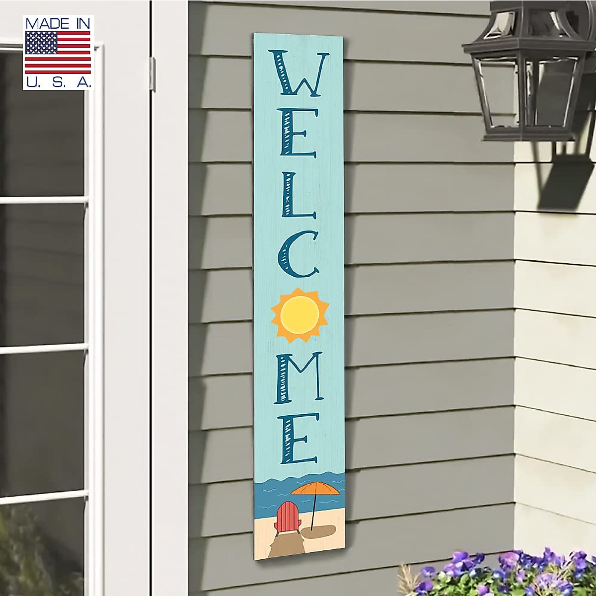 My Word! Tall Outdoor Welcome Sign / Porch Leaner, 46.5" Rustic Farmhouse Sign, Blue, Composite, Large: 8"x46.5", 3 lbs, Welcome, Lean or Hang, Porch, Wall Decorative Sign