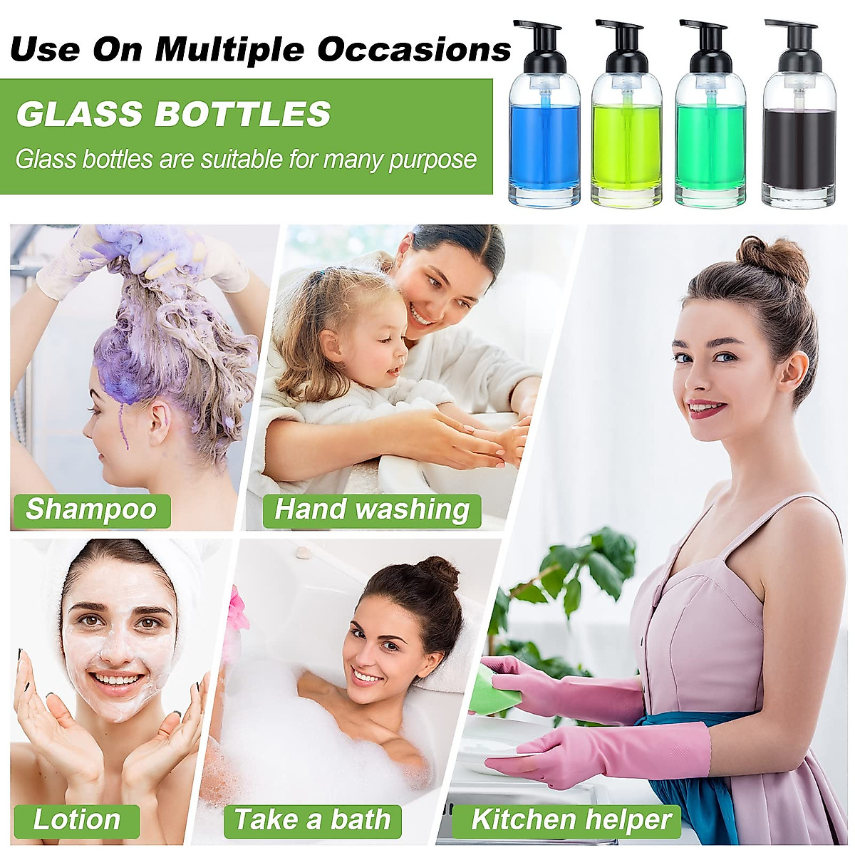 Eccliy 4 Pack 13 Oz Clear Glass Jar Soap Dispenser with Foaming Pump, Clear Thick Hand Liquid Dish Soap Dispenser Round Bottles for Bath Home Kitchen Oil Lotion(Clear)