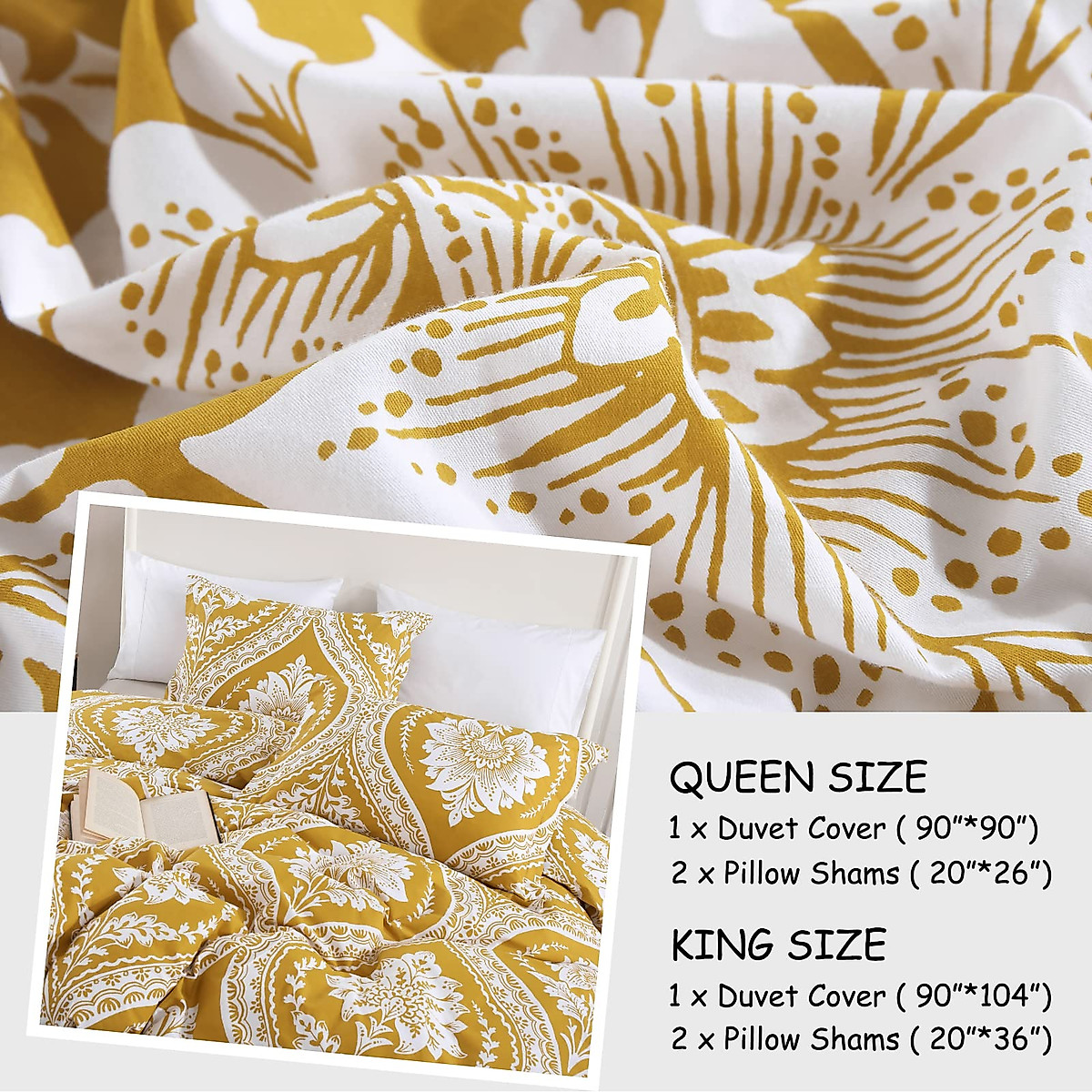 Bedduvit Yellow Damask Duvet Cover Queen Size - 100% Cotton Queen Fluffy Duvet Cover Set, Breathable Soft Paisley Pattern Bedding Comforter Cover with Zipper Closure & 8 Ties, 90"x90"
