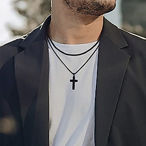Fathers Day Cross Necklaces Gifts for Men,Gifts for Dad,Stainless Steel Black Chain Cross Pendant Necklace for Men Boy Cuban Link Chains for Men Jewelry Mens Cross Chain Box Chain 20 Inches Mens Gifts
