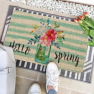Artoid Mode Watercolor Stripes Hello Spring Doormat, Seasonal Holiday Home Low-Profile Floor Mat Switch Mat for Indoor Outdoor 17 x 29 Inch