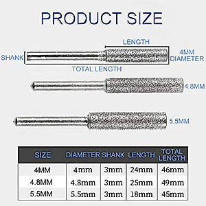 JONMON Burr Grinding Stone File - 6Pcs 3mm Shank 5/32" 3/16" 7/32" Diamond Chainsaw Sharpener Rotary Bit Set Polishing Sharpening Garden Tool for Lawn Mower Chainsaw Parts Garden,120-150 Grit