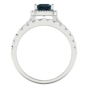 Clara Pucci 1.6ct Princess Cut Halo Solitaire London Blue Topaz Engagement Promise Anniversary Bridal Ring Band set 14k White Gold 11
