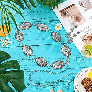 3 Pieces Western Jewelry for Women Western Turquoise Concho Chain Belts Boho Waist Belt Silver Metal Belt for Dress and Vintage Turquoise Dangle Earrings Drop Statement Post Earrings